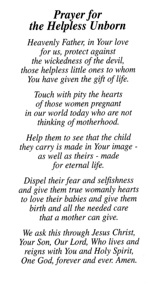 Prayer for the Helpless Unborn A - LAMINATED HOLY CARDS- QUANTITY 25 P - Catholic Pictures