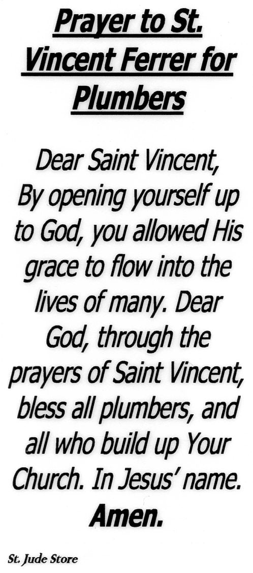 Prayer to St. Vincent Ferrer for Plumbers U - LAMINATED HOLY CARDS- QU - Catholic Pictures