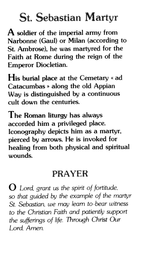 St. Sebastian Martyr A - LAMINATED HOLY CARDS- QUANTITY 25 PRAYER CARD ...