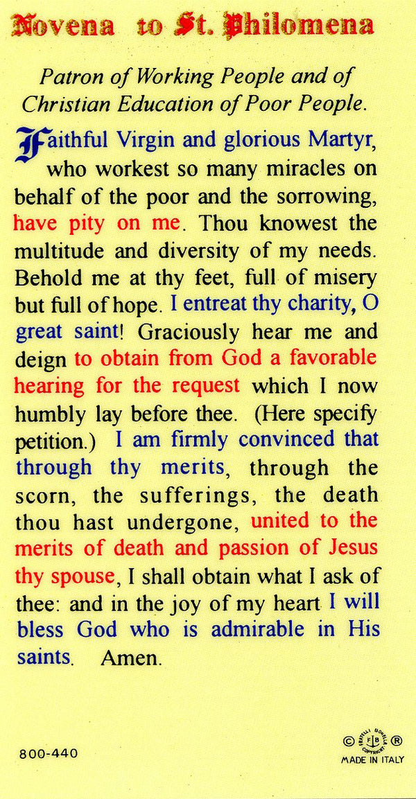 Novena to St. Philomena U - LAMINATED HOLY CARDS- QUANTITY 25 PRAYER C ...