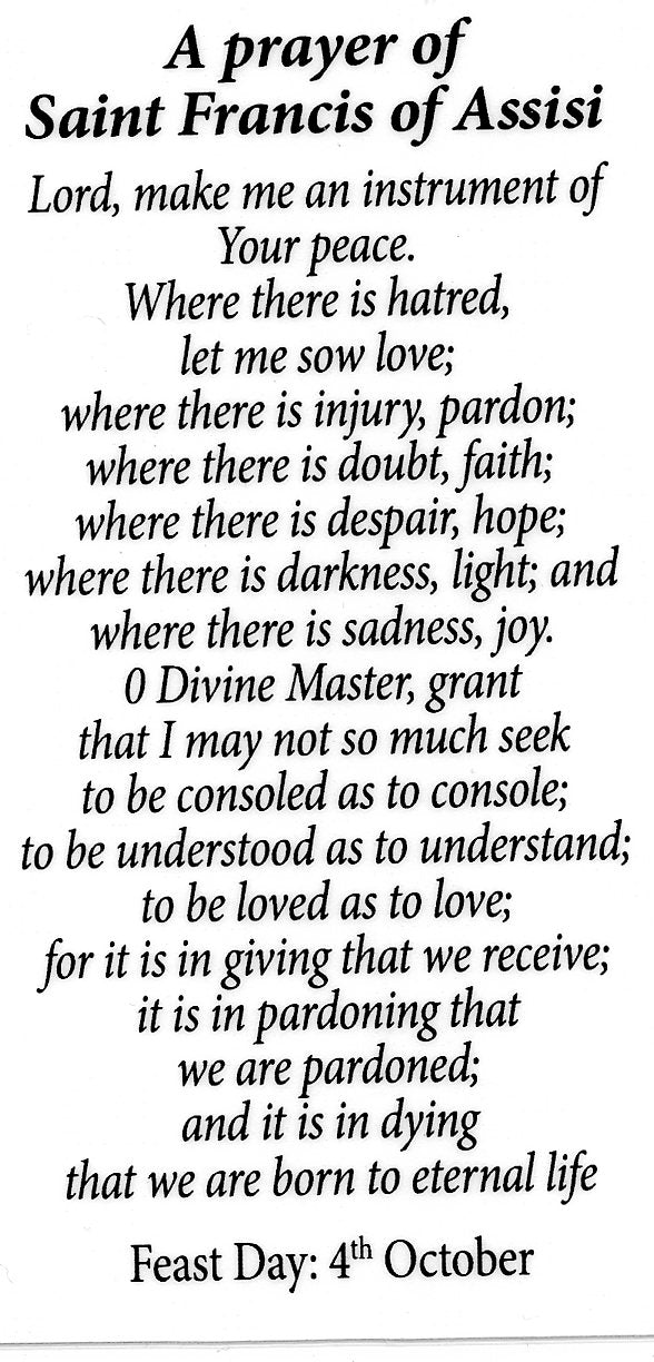 Prayer to St. Francis of Assisi U - LAMINATED HOLY CARDS- QUANTITY 25 - Catholic Pictures