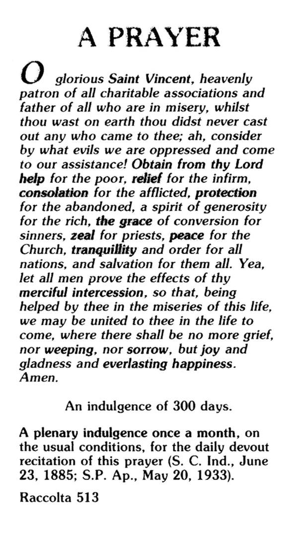 A Prayer to St. Vincent A - LAMINATED HOLY CARDS- QUANTITY 25 PRAYER C ...