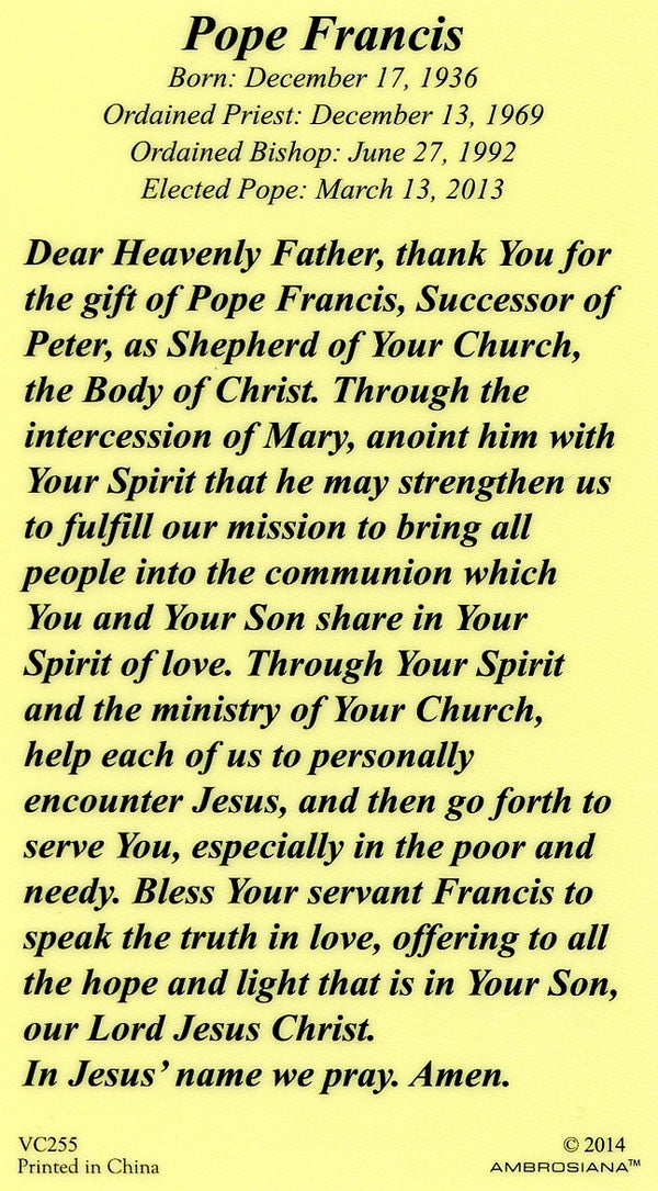 POPE FRANCIS- LAMINATED HOLY CARDS- QUANTITY 25 CARDS - Catholic Pictures