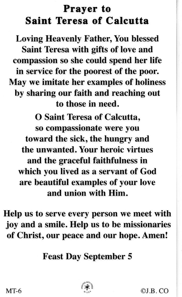 ST. TERESA OF CALCUTTA - LAMINATED HOLY CARDS- QUANTITY 25 CARDS ...