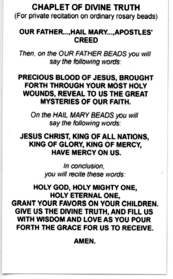 CHAPLET OF DIVINE TRUTH- LAMINATED HOLY CARDS- QUANTITY 25 PRAYER CARD ...