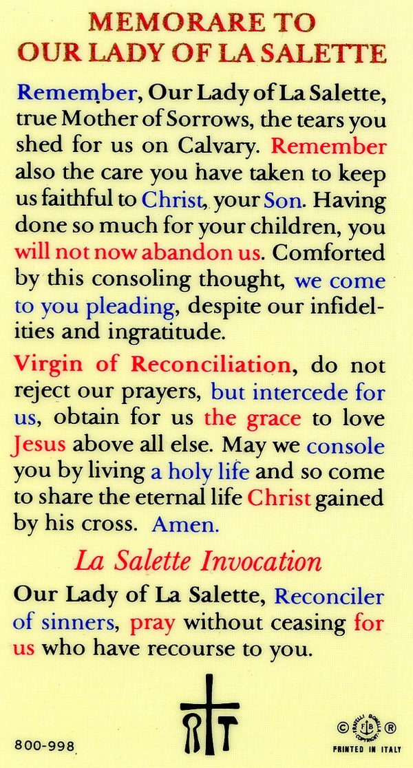 OUR LADY OF LA SALETTE - LAMINATED HOLY CARDS- QUANTITY 25 PRAYER CARD ...
