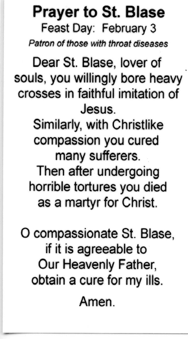 ST. BLASE - LAMINATED HOLY CARDS- QUANTITY 25 CARDS - Catholic Pictures