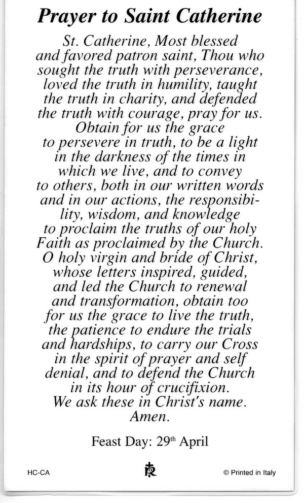 ST. CATHERINE - LAMINATED HOLY CARDS- QUANTITY 25 CARDS - Catholic Pictures